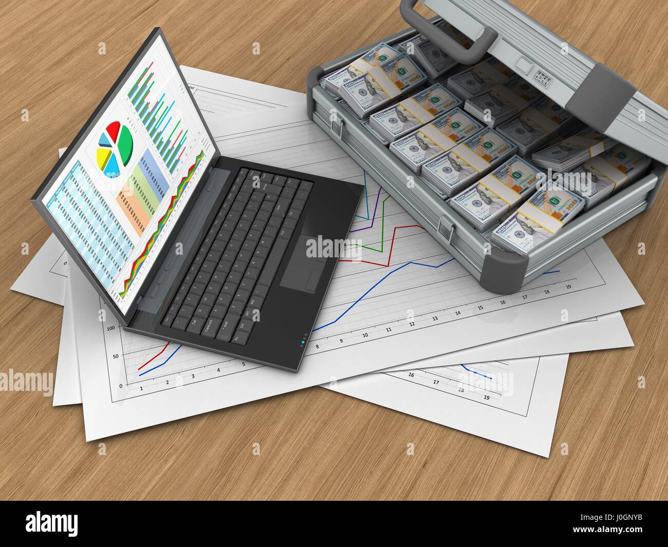 3d illustration of diagram papers and personal computer over wood ...