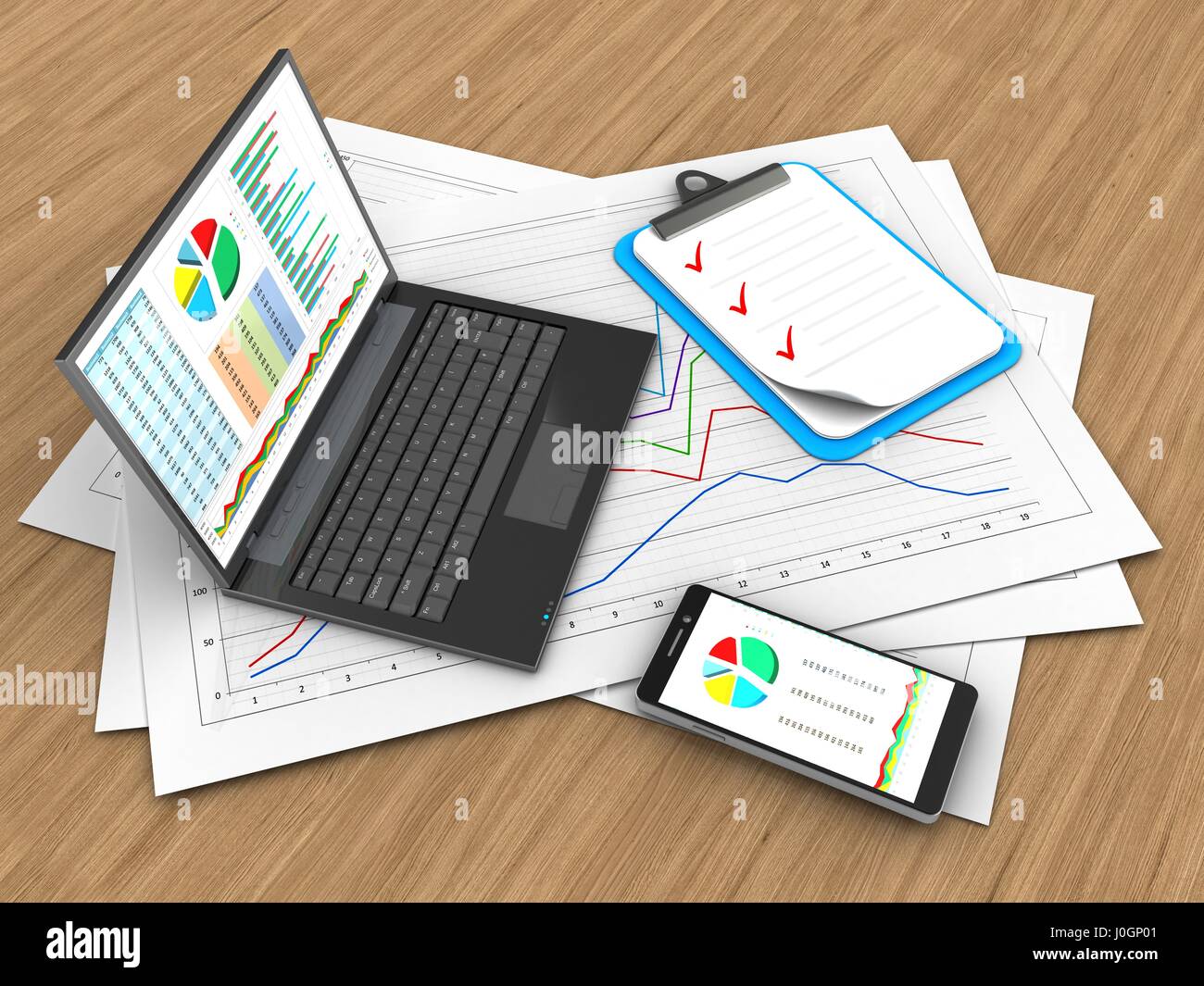 3d illustration of diagram papers and personal computer over wood ...