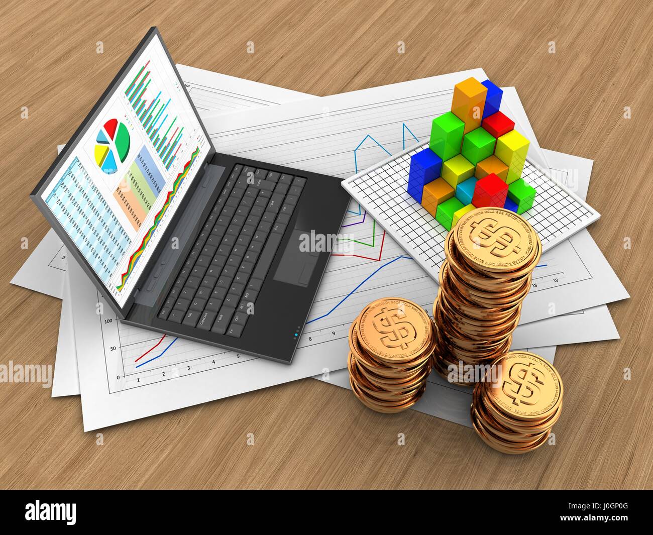 3d illustration of diagram papers and personal computer over wood ...