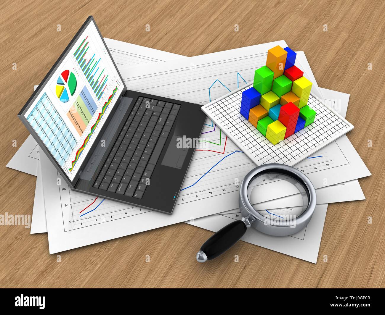 3d illustration of diagram papers and personal computer over wood ...