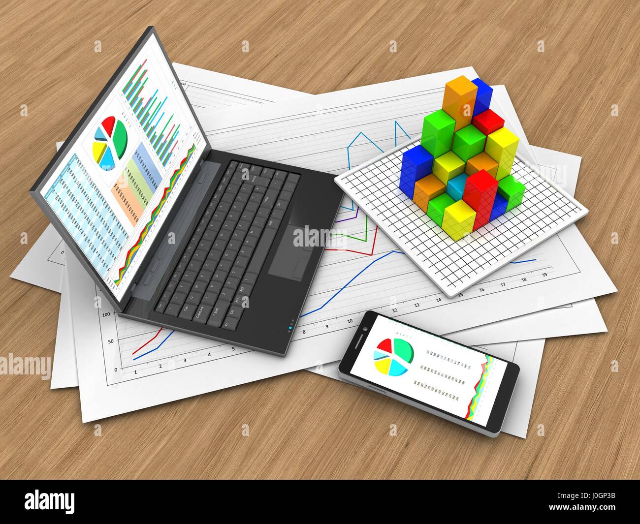3d illustration of diagram papers and personal computer over wood ...