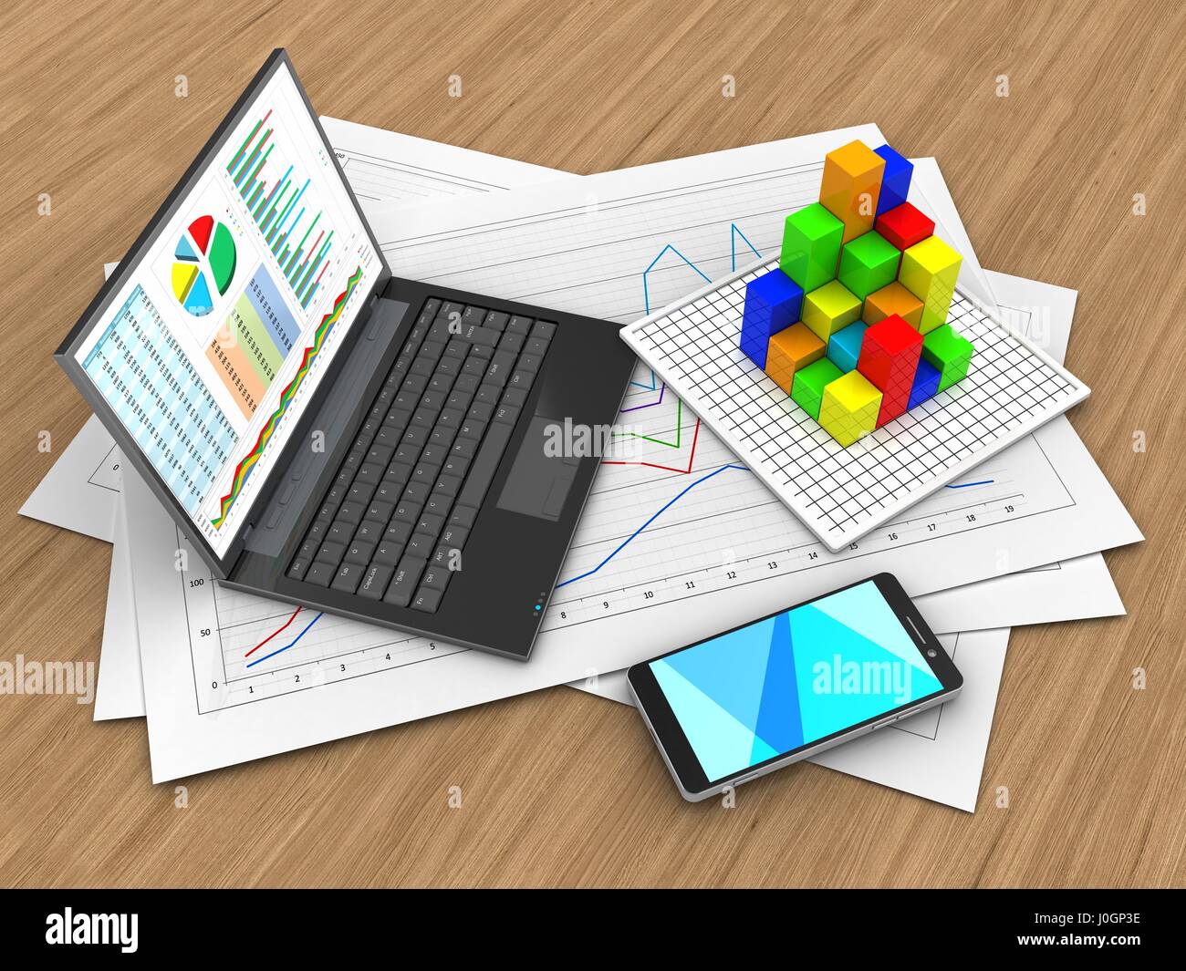 3d illustration of diagram papers and personal computer over wood ...