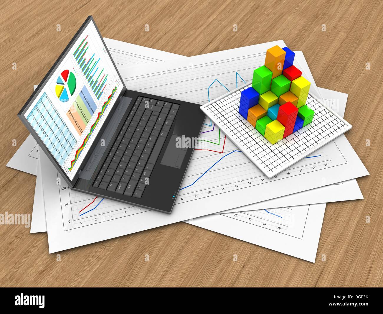 3d illustration of diagram papers and personal computer over wood ...