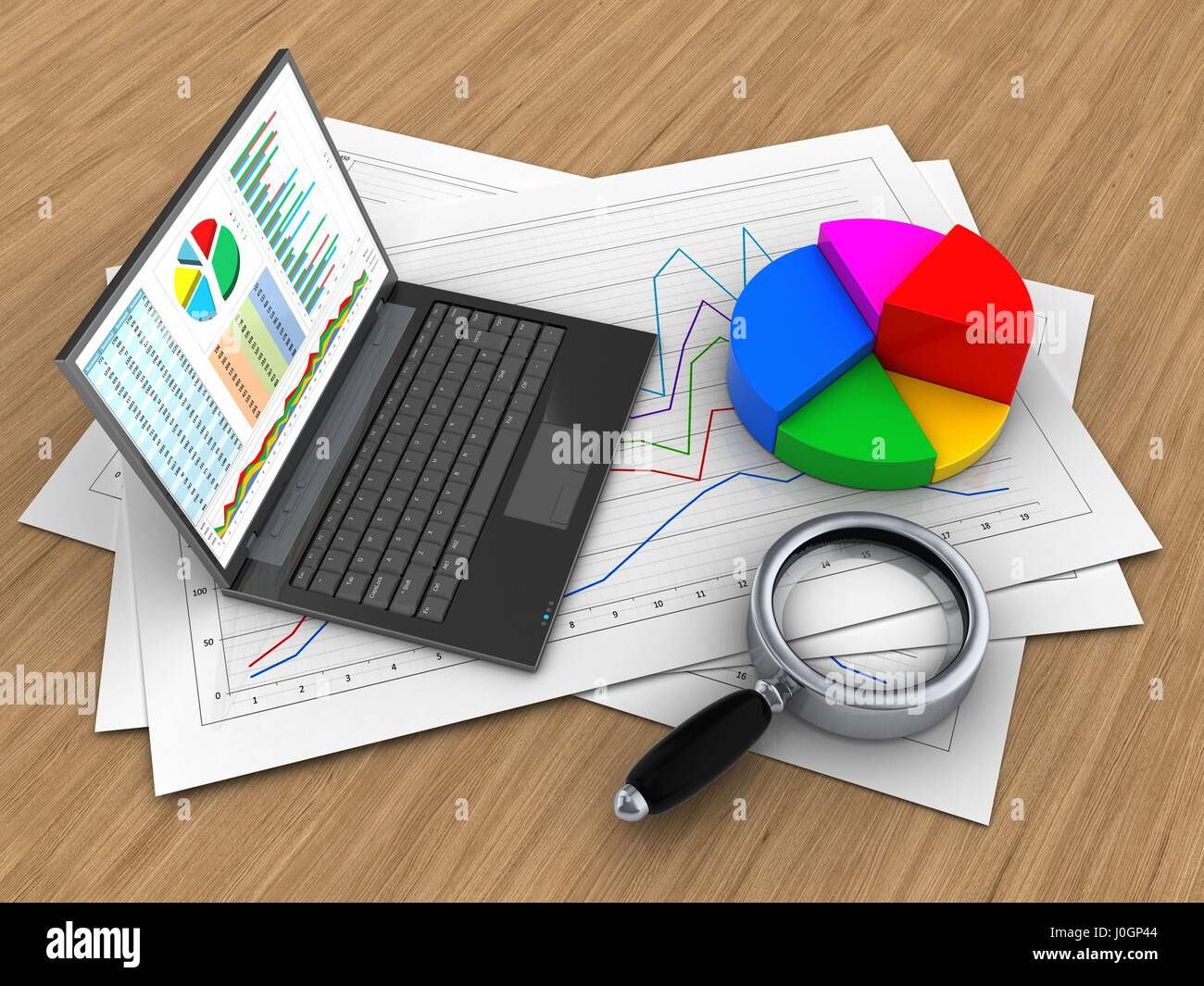 3d illustration of diagram papers and personal computer over wood ...