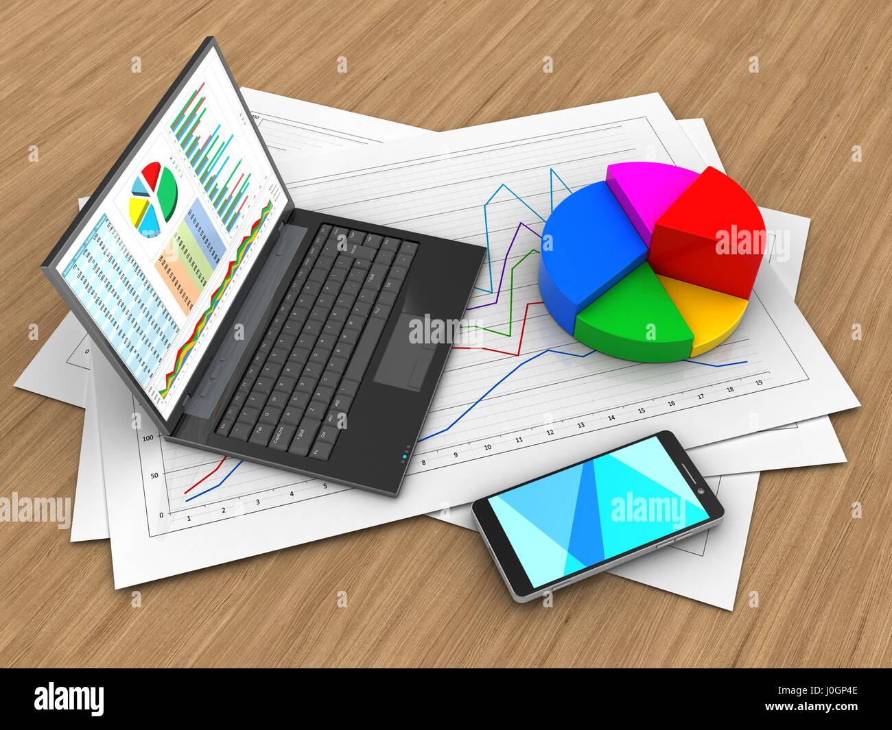 3d illustration of diagram papers and personal computer over wood ...