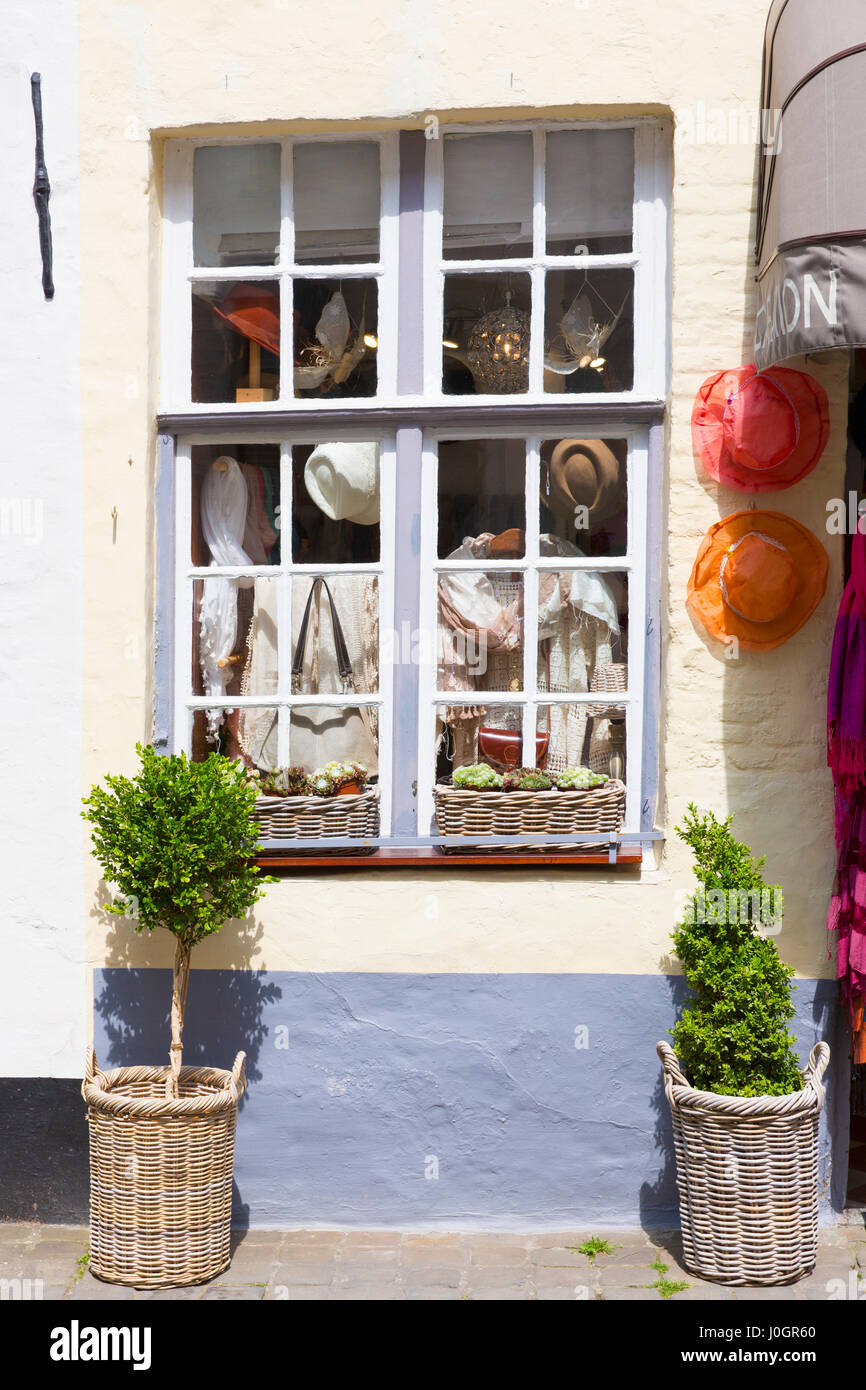 Ladies clothing and souvenir shops in shopping street in Bruges ...