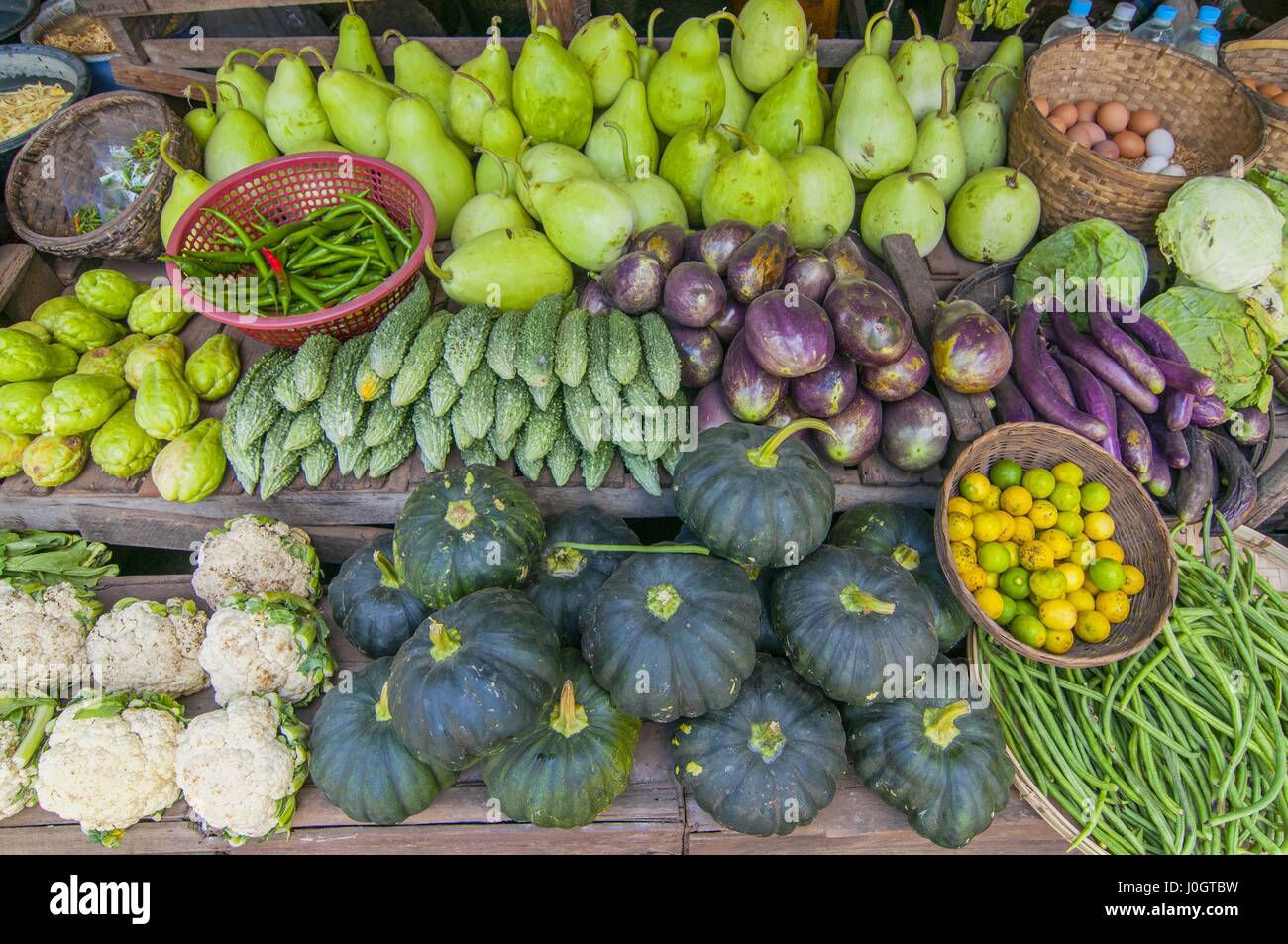 Vegetables and fresh fruits for sale at market, near Bagan, Myanmar ...