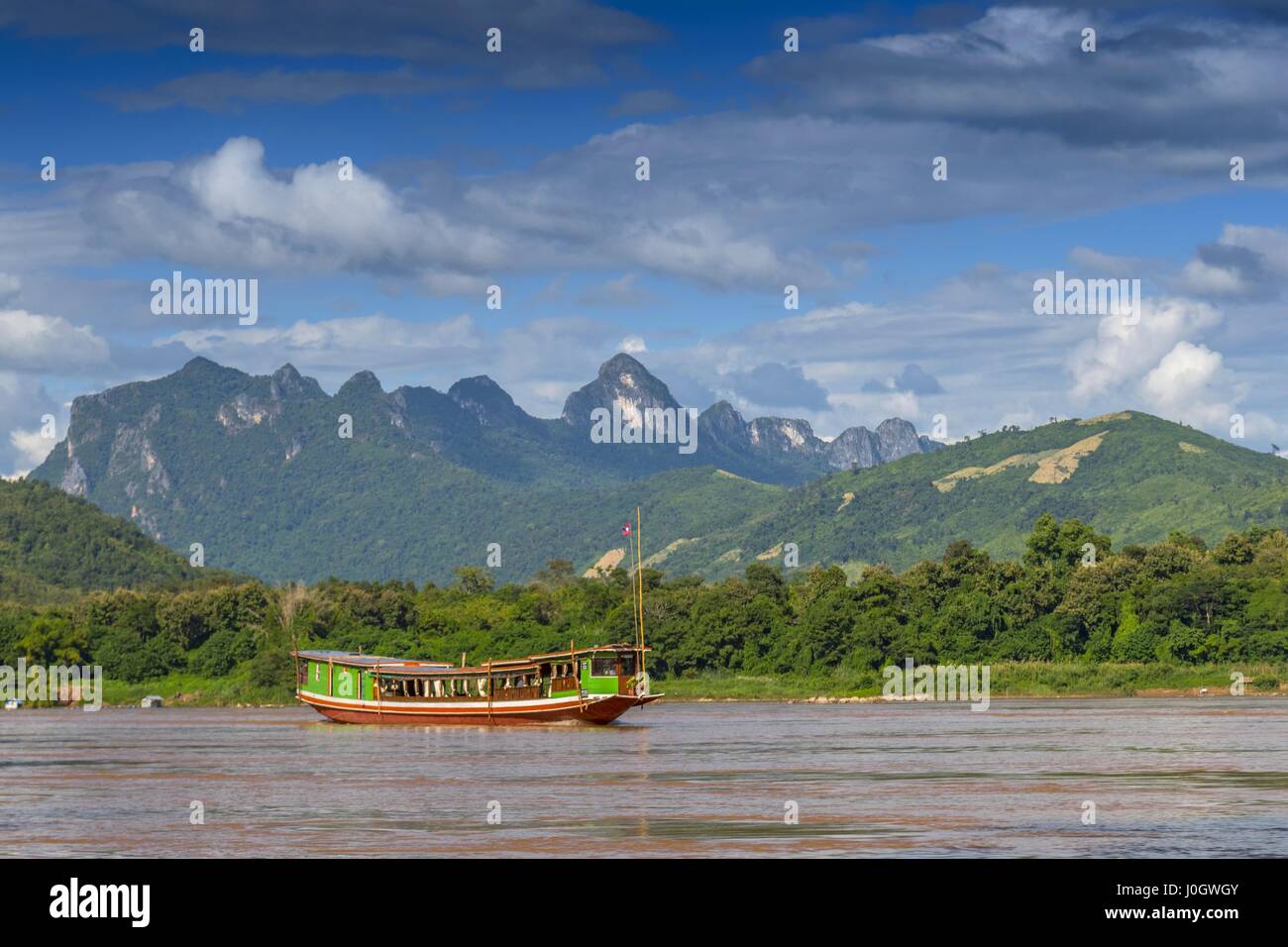 Tourist river boat on the Mekong River, Luang Prabang, Laos, Asia Stock ...