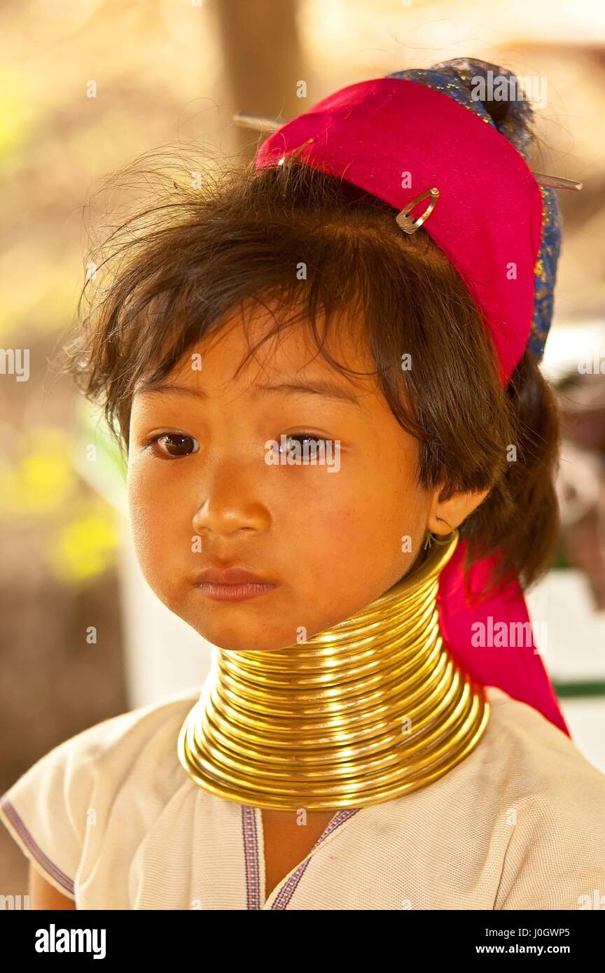Young child of the Long-neck women Padaung Tribe, Thailand Stock Photo ...