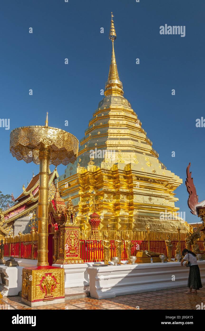 Golden chedi (stupa) and umbrella in Wat Phra That Doi Suthep temple ...