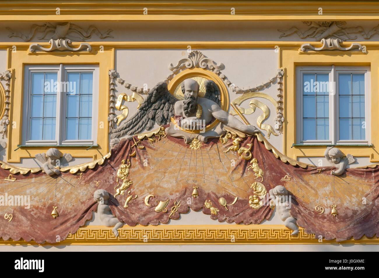 Baroque solar clock on the wall of Wilanow castle, Royal Palace, Warsaw ...