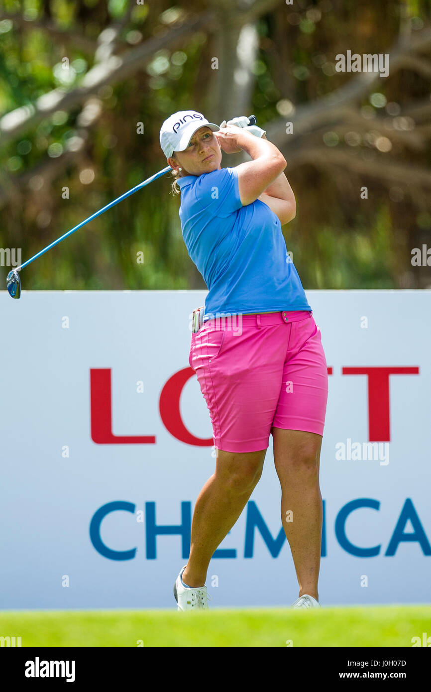 April 12, 2017 - Angela Stanford hits her drive during the first round ...