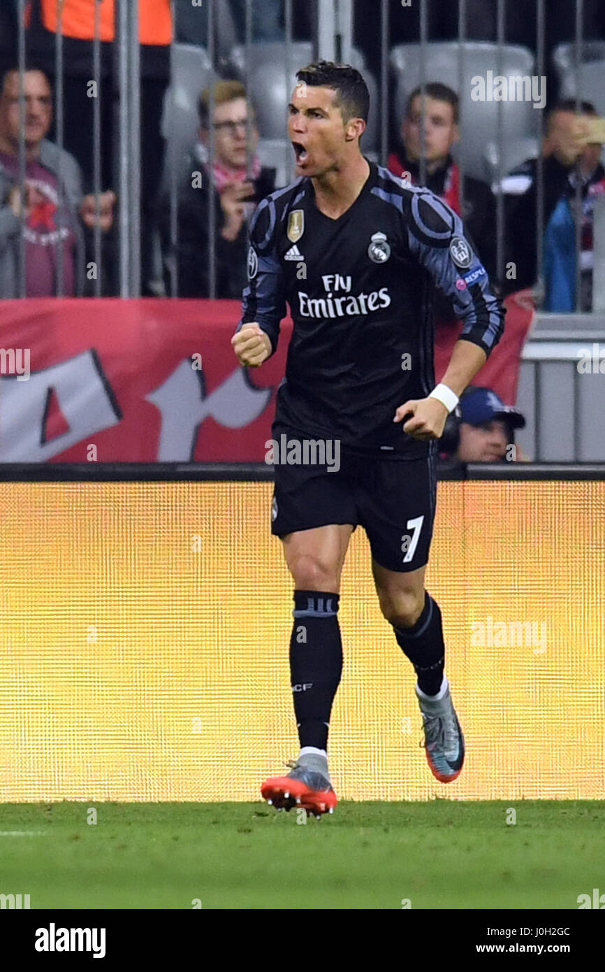 Munich, Germany. 12th Apr, 2017. Madrid's Cristiano Ronaldo celebrates ...