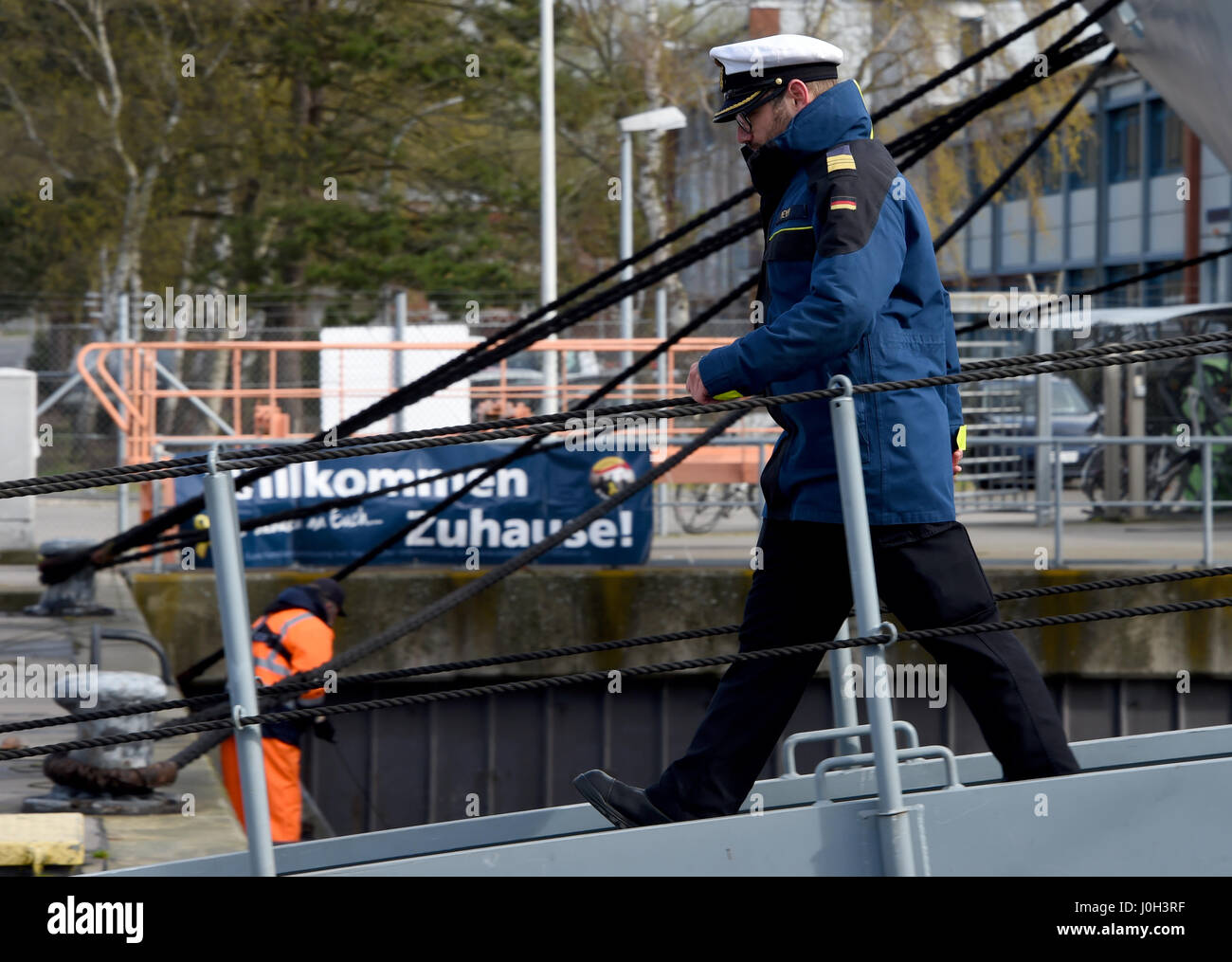 Eckernfoerde, Germany. 13th Apr, 2017. Commander Christian Meyer walks ...
