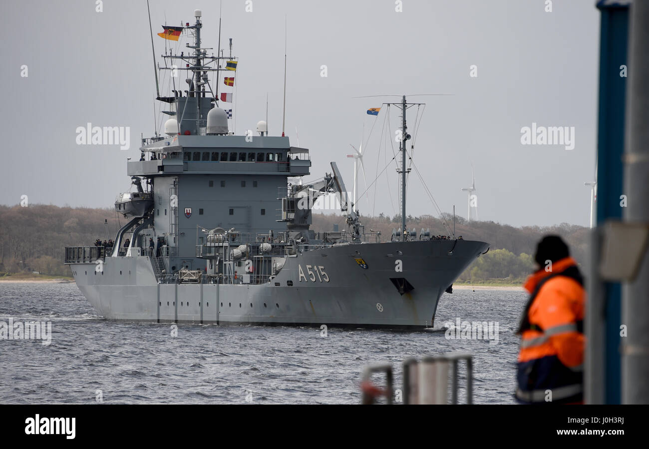 Eckernfoerde, Germany. 13th Apr, 2017. The Elbe-class replenishment ...