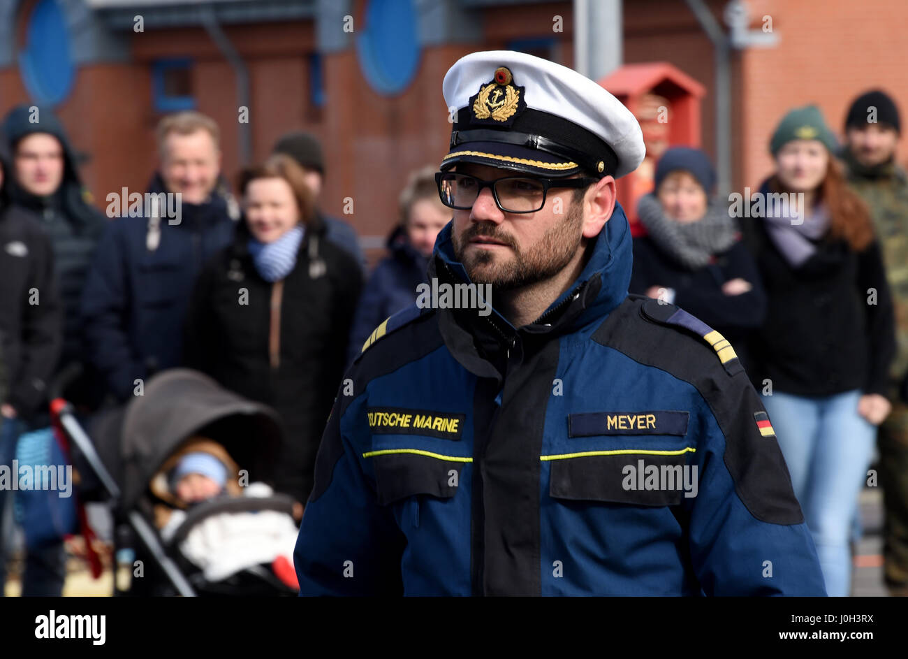 Eckernfoerde, Germany. 13th Apr, 2017. Commander Christian Meyer walks ...