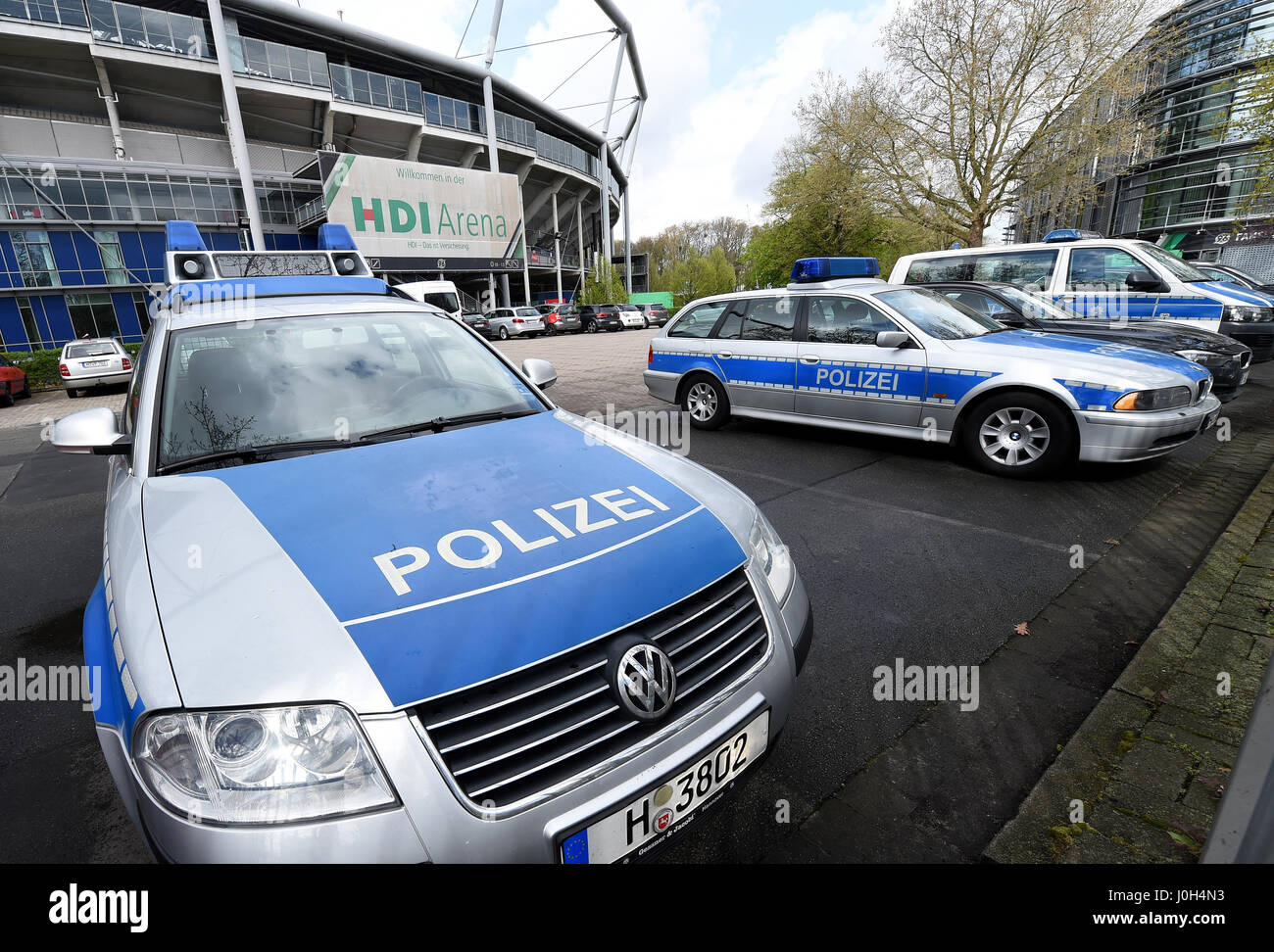 Hanover, Germany. 13th Apr, 2017. Police cars park outside the HDRI ...