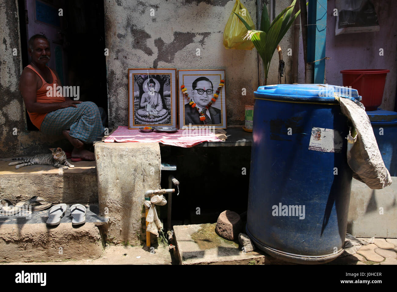 Mumbai, India. 14th Apr, 2017. Photo of Dr BR Ambedkar outside a house ...