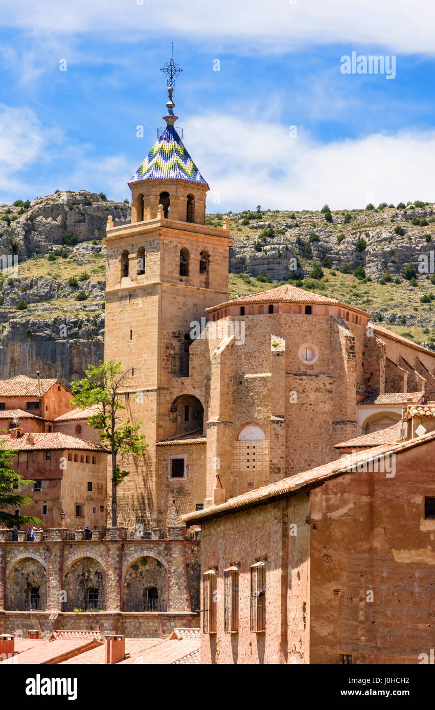 Albarracin Cathedral with its ornately tiled bell tower in the medieval ...