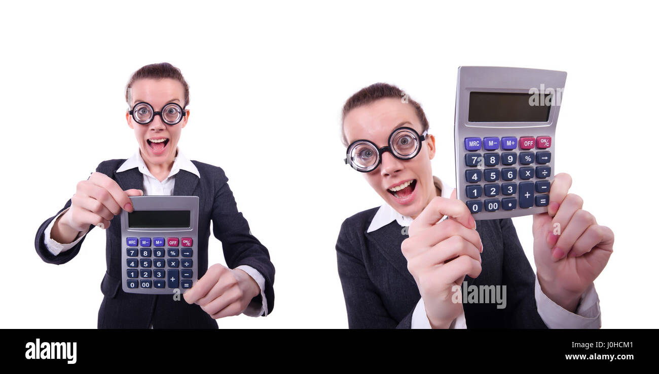 Nerd female accountant with calculator Stock Photo - Alamy