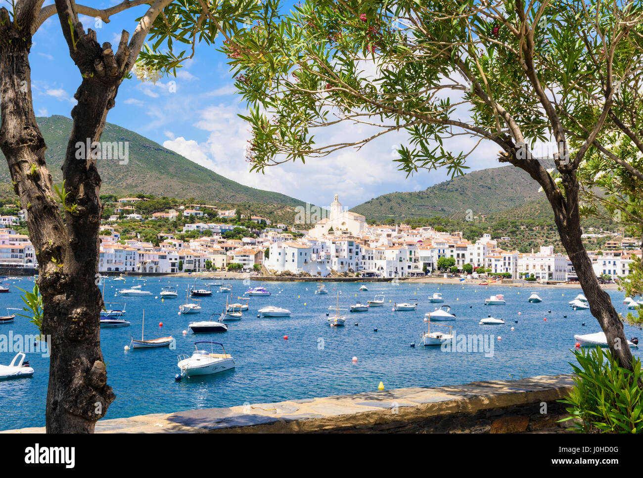 Tree framed view of whitewashed Cadaques town topped by the Church of ...