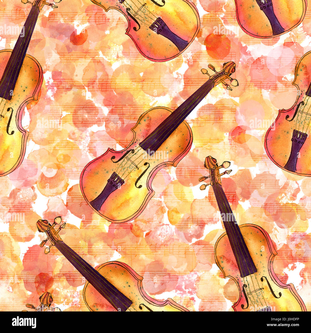 Seamless pattern, violins on watercolor texture, sheet music Stock ...