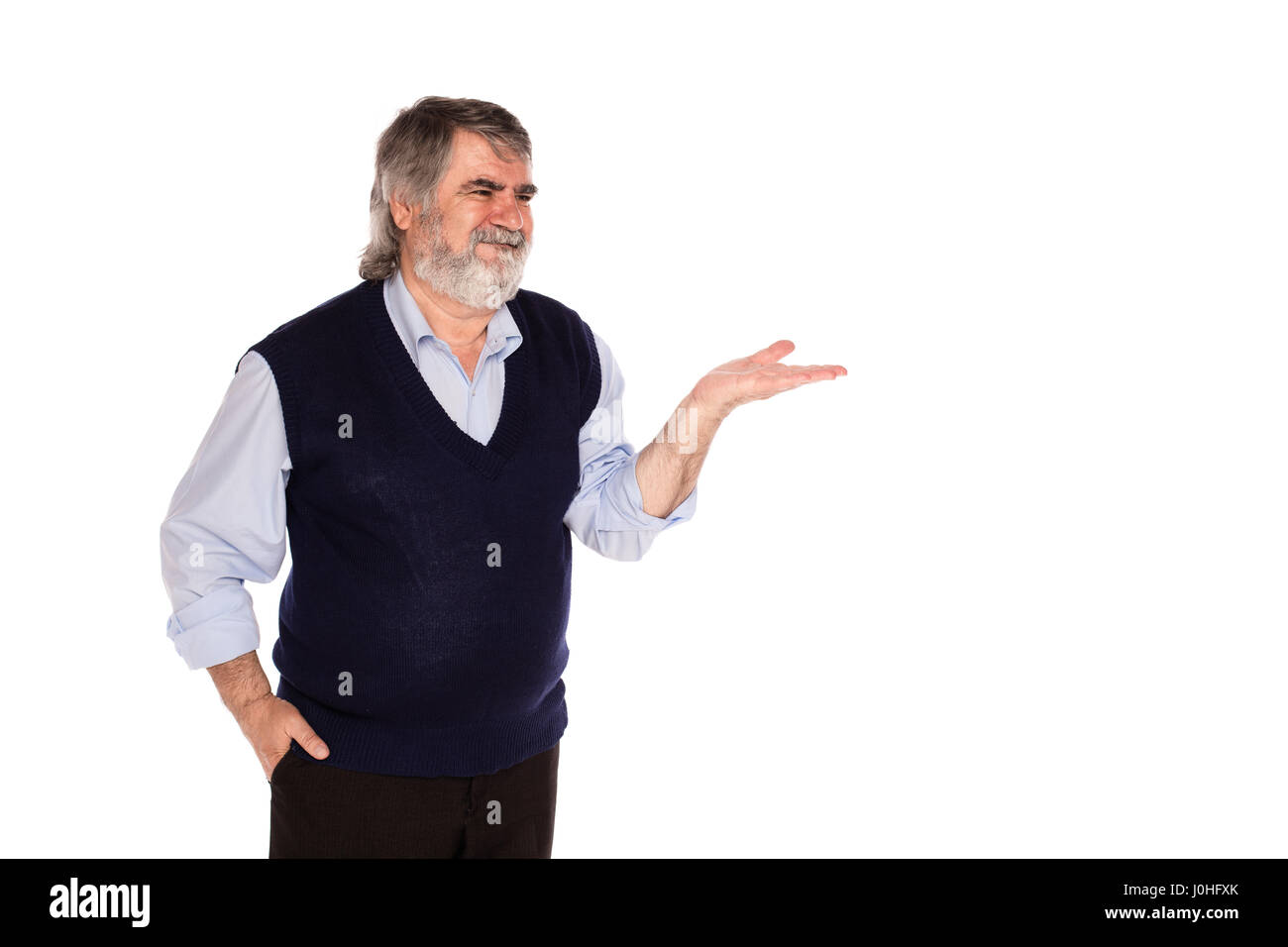 old man with gray beard and blue shirt pointing one direction, isolated ...