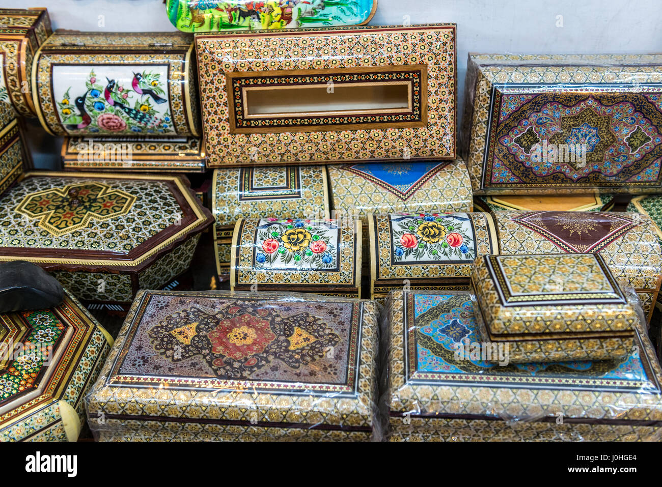Persian decorative boxes for sale in shop in Shiraz city, capital of ...