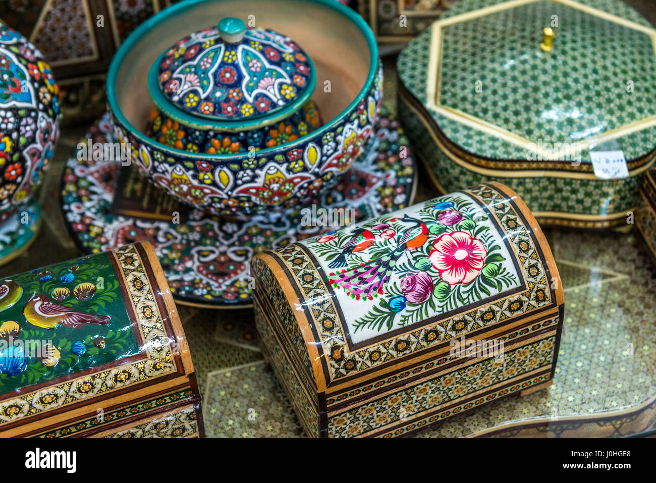 Persian decorative boxes for sale in shop in Shiraz city, capital of ...