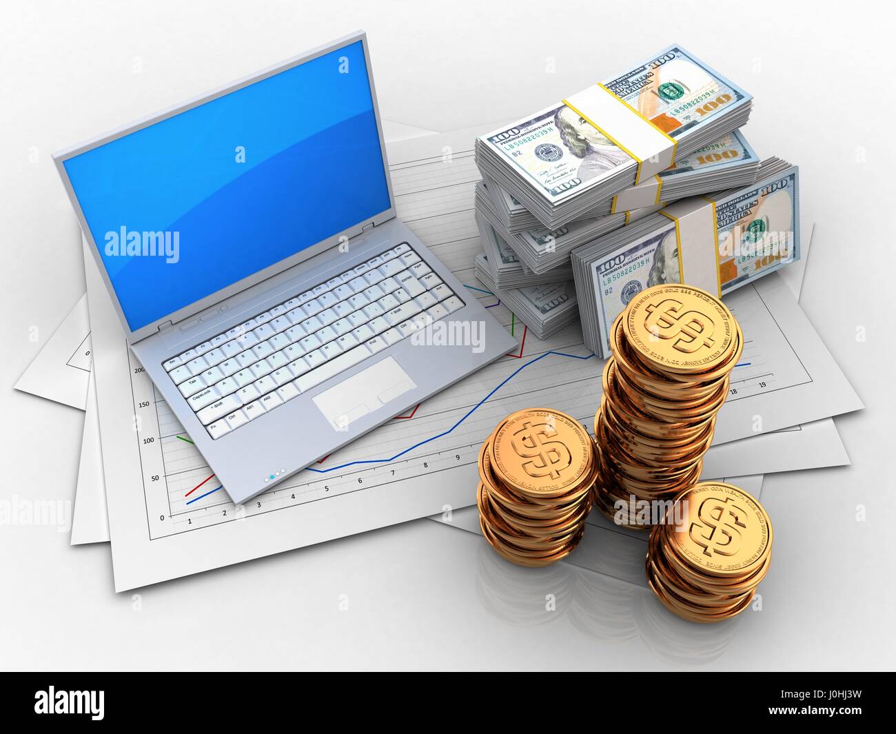 3d illustration of diagram papers and computer over white background ...