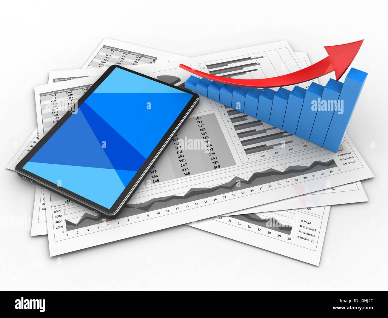 3d illustration of business charts and tablet computer over white ...