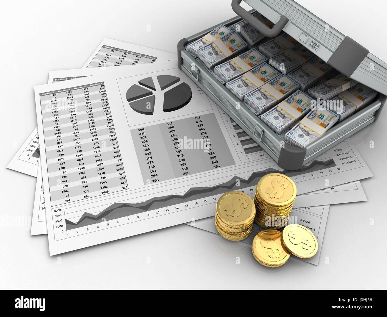3d illustration of business charts and case over white background Stock ...