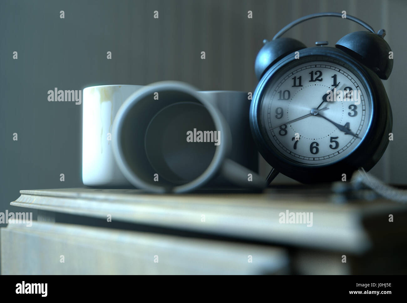 A real life concept scene showing a vintage clock on a bed side table ...