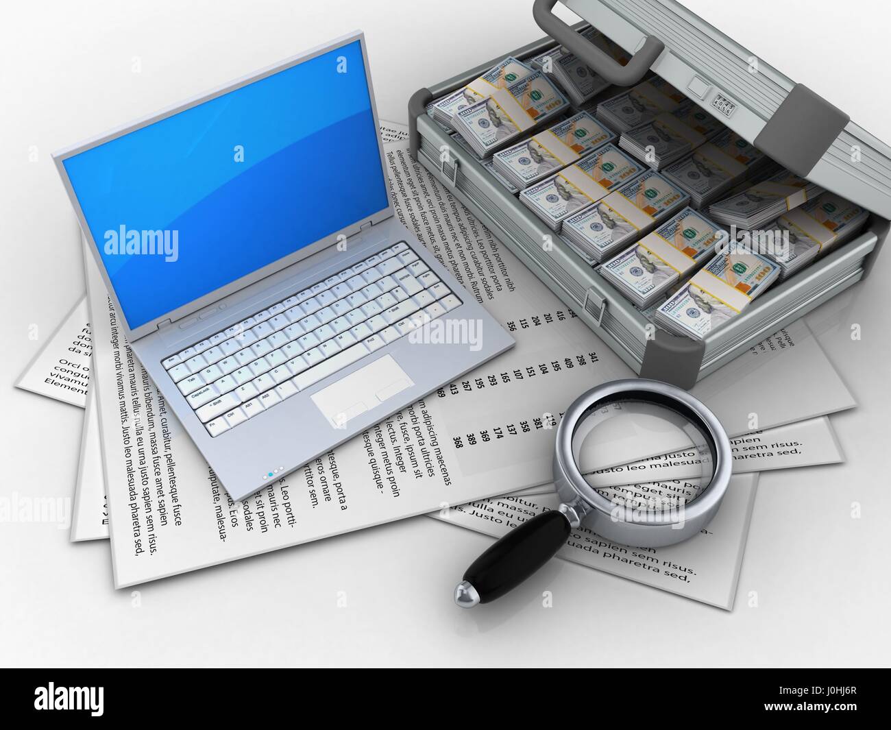 3d illustration of papers and computer over white background with case ...