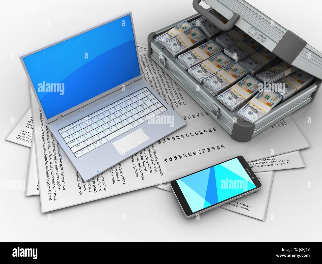 3d illustration of papers and computer over white background with case ...