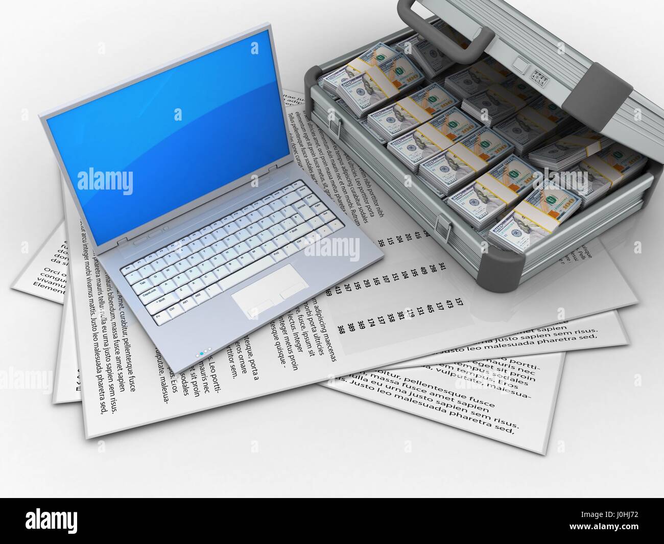 3d illustration of papers and computer over white background with case ...