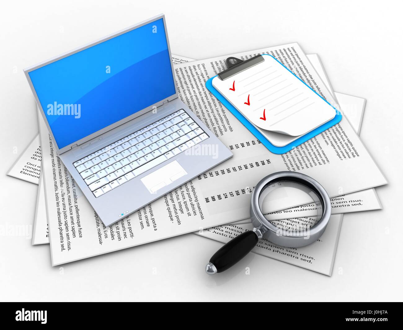 3d illustration of papers and computer over white background with ...
