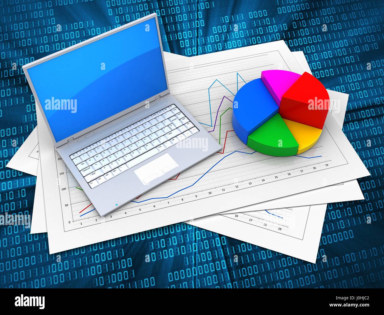3d illustration of diagram papers and computer over digital background ...