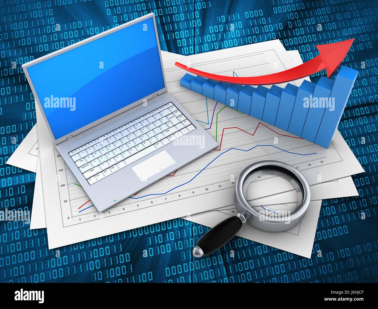 3d illustration of diagram papers and computer over digital background ...