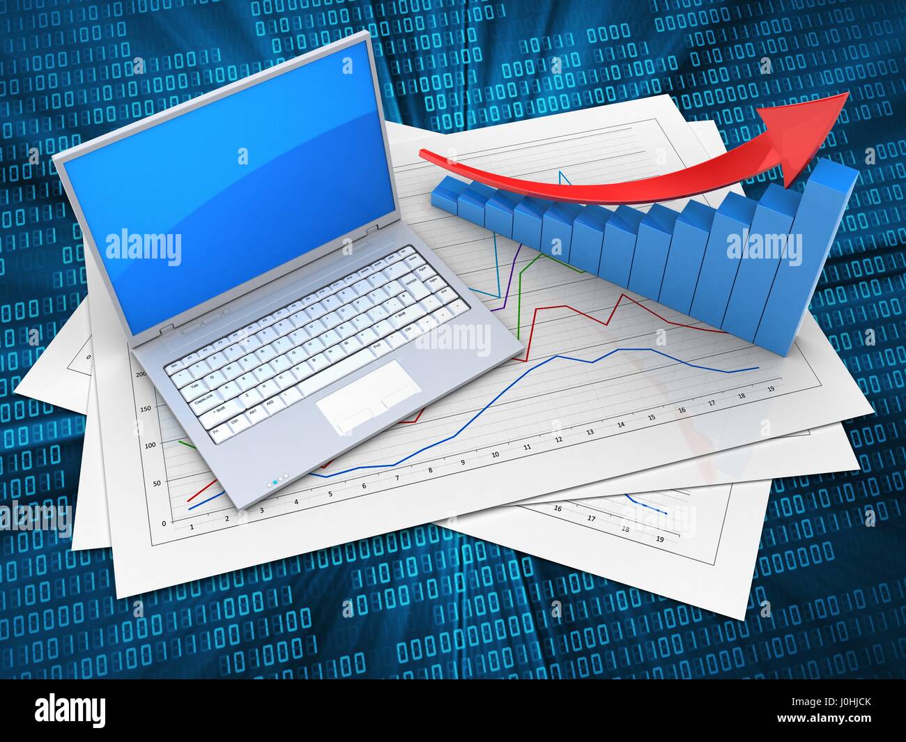 3d illustration of diagram papers and computer over digital background ...