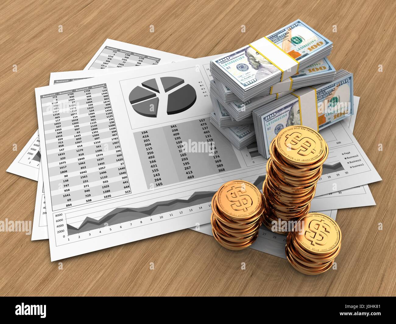 3d illustration of business charts and money over wood background Stock ...