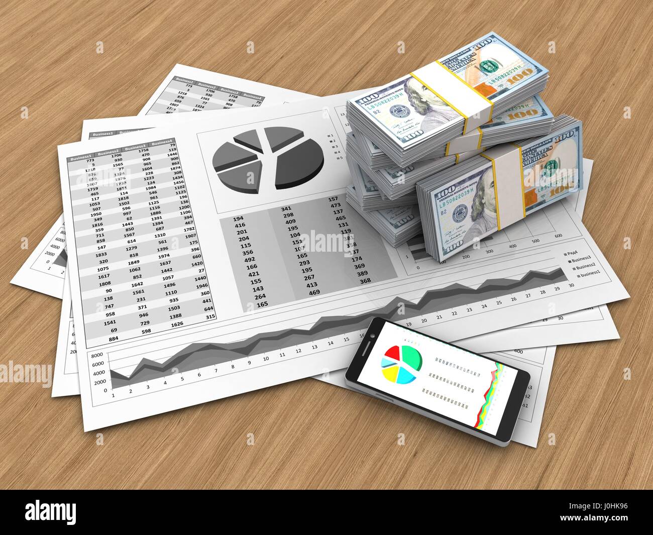 3d illustration of business charts and money over wood background Stock ...