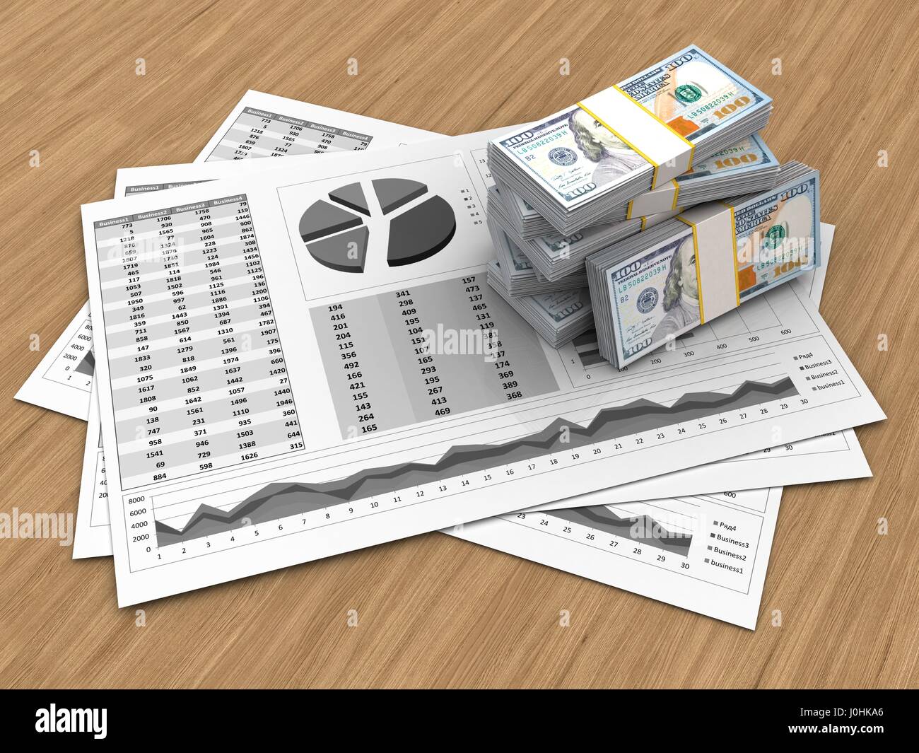 3d illustration of business charts and money over wood background Stock ...