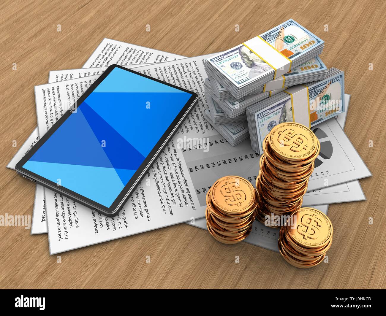 3d illustration of documents and tablet computer over wood background ...