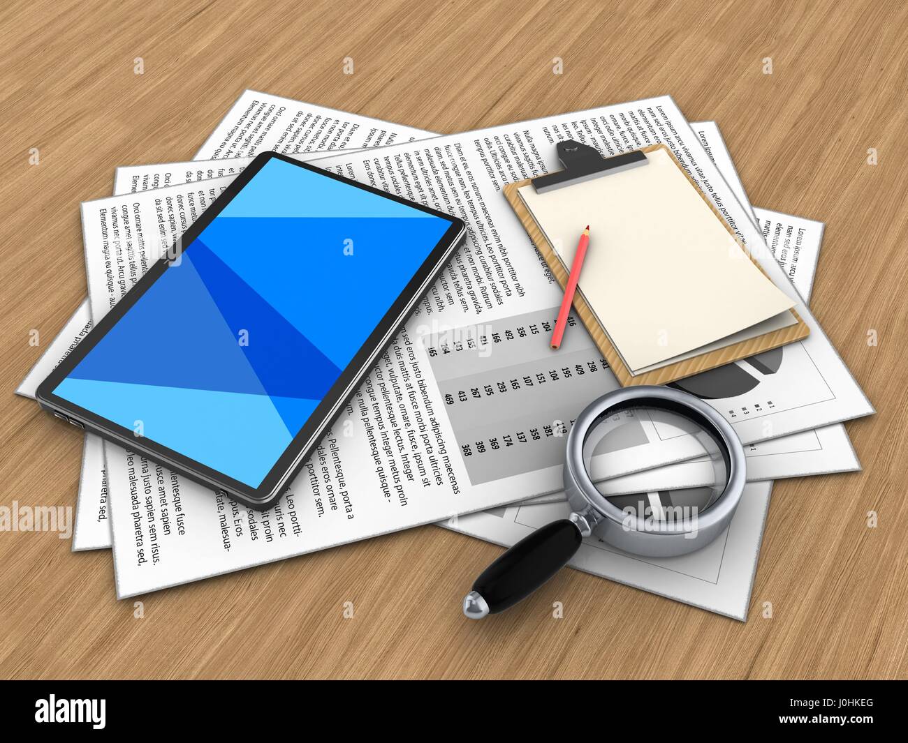 3d illustration of documents and tablet computer over wood background ...