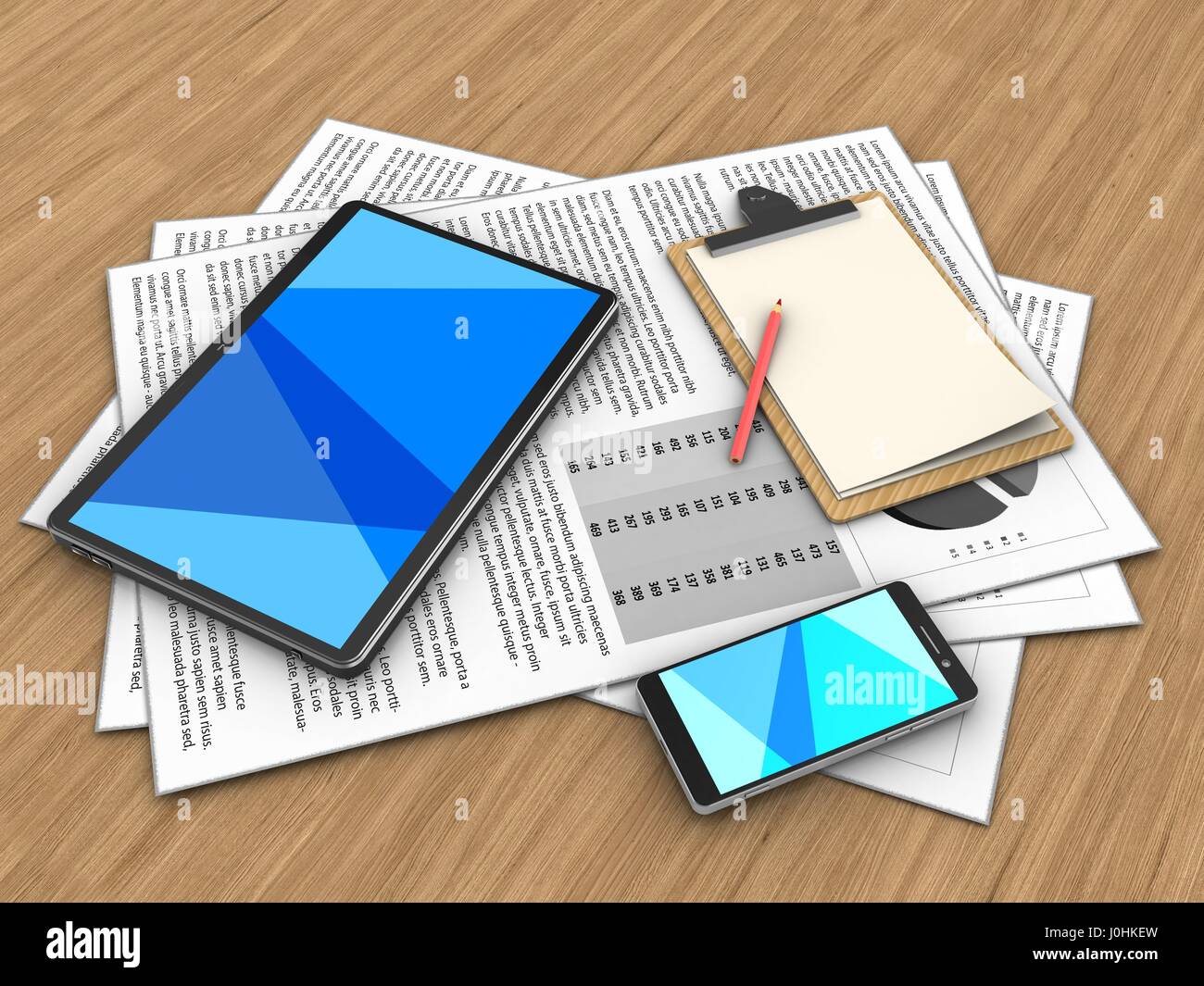3d illustration of documents and tablet computer over wood background ...