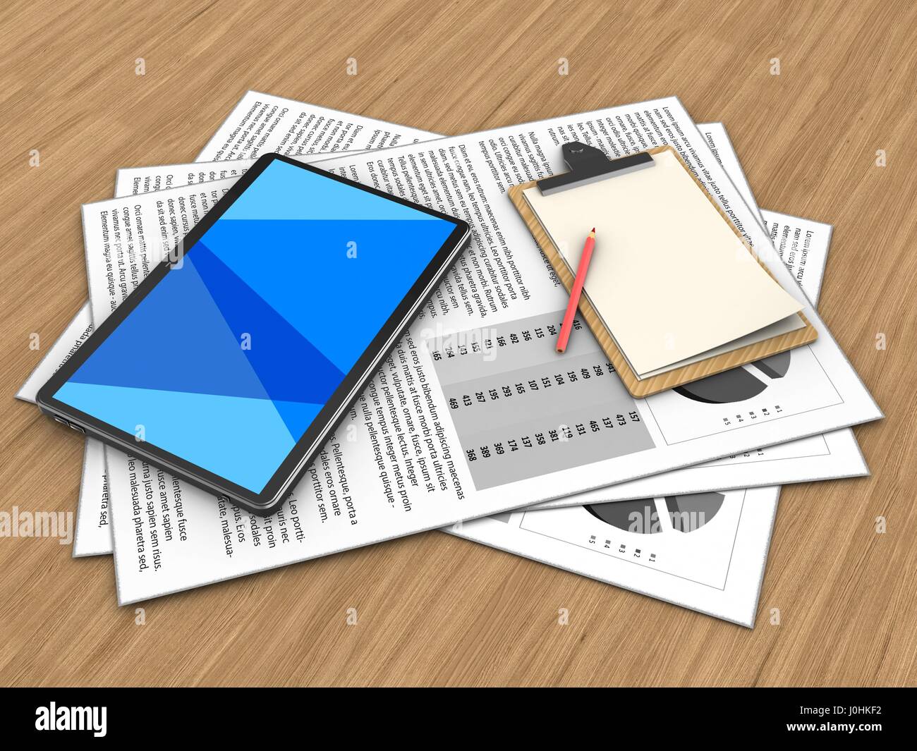 3d illustration of documents and tablet computer over wood background ...