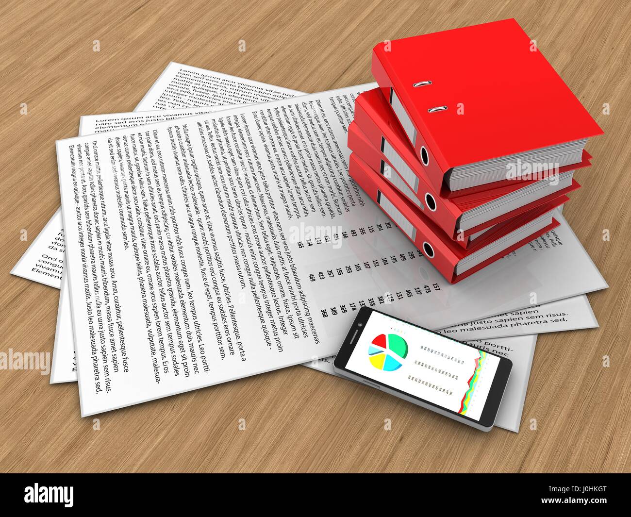 3d illustration of papers and binder folders over wood background Stock ...