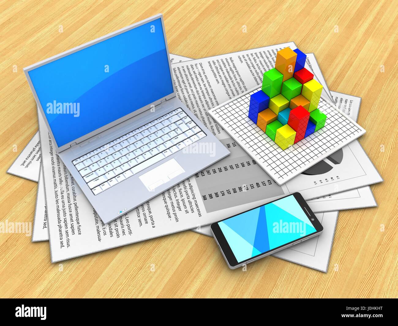 3d illustration of documents and computer over wood table background ...