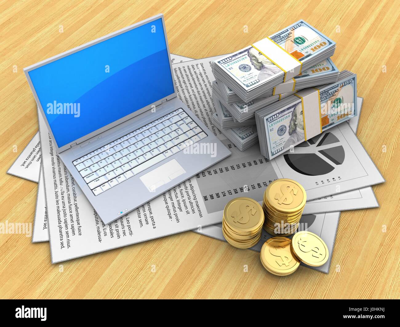 3d illustration of documents and computer over wood table background ...